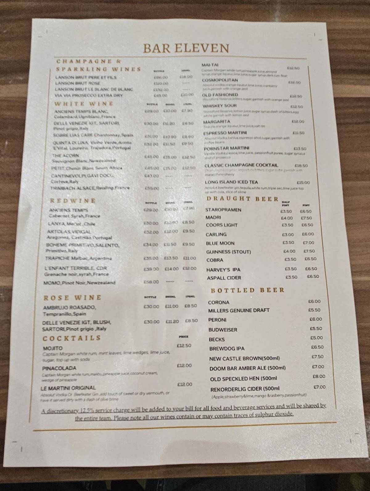 Menu at Renaissance Bar Eleven, Hounslow