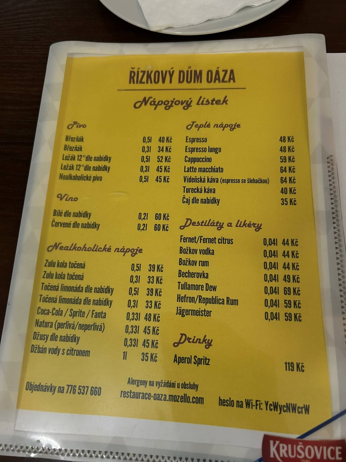 Menu at Restaurace Oáza restaurant, Brno, Lidická 694/7