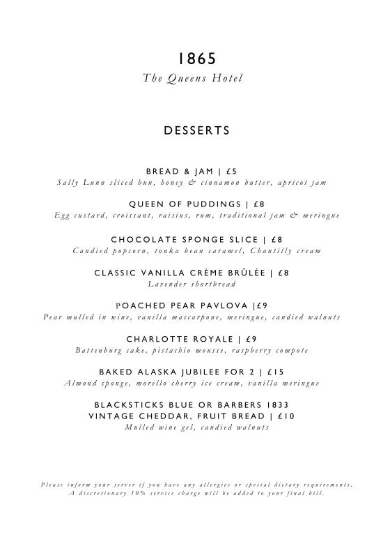Menu at Restaurant 1865, Portsmouth, Osborne Rd