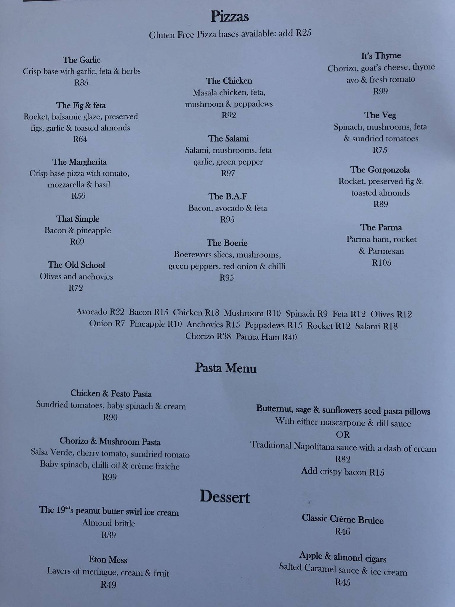 Menu at 19th At The Met restaurant, Cape Town