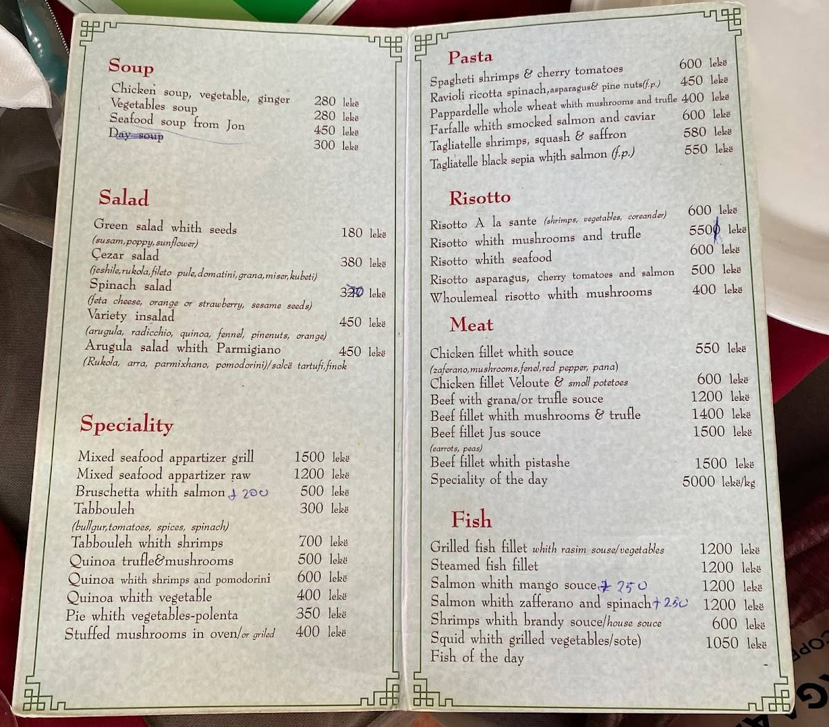 Menu at A la santé restaurant, Tirana
