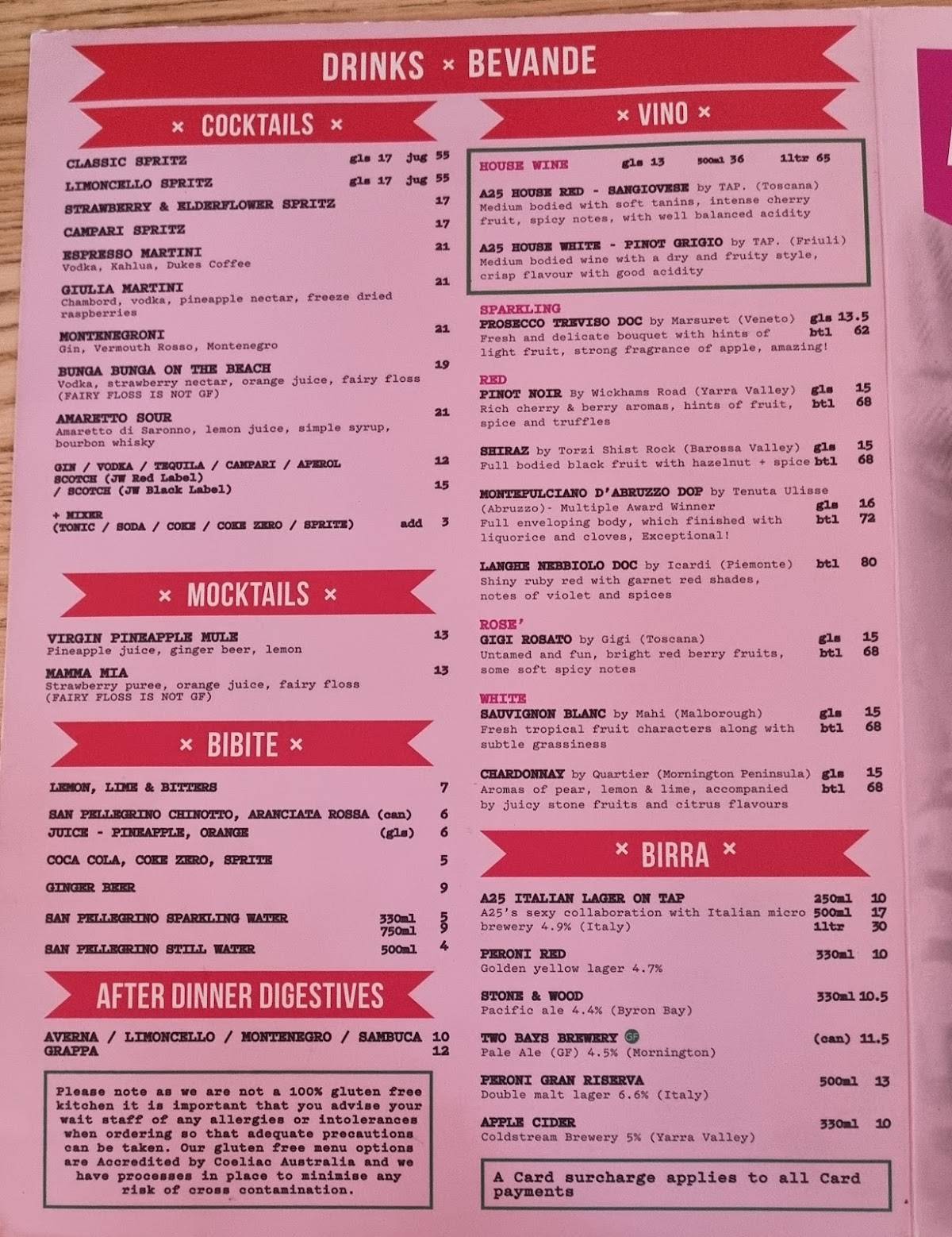 Menu at A25 Pizzeria Centro (CBD), Melbourne, 397 Little Collins St