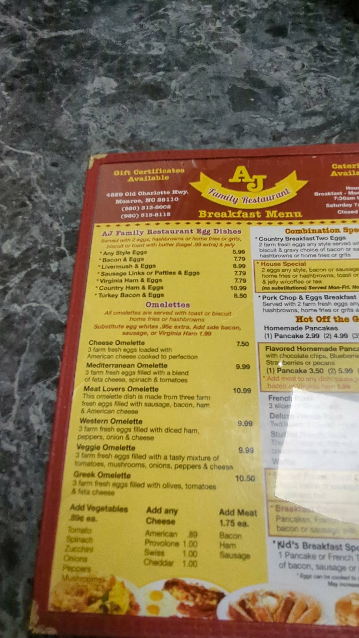 Menu at AJ Family Restaurant, Monroe