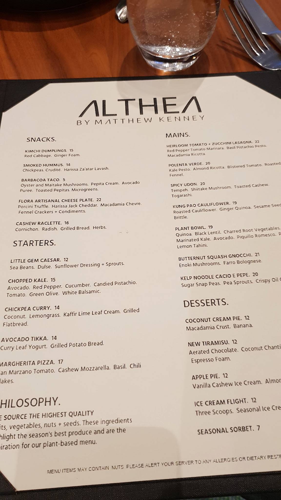 Menu at ALTHEA restaurant, Chicago