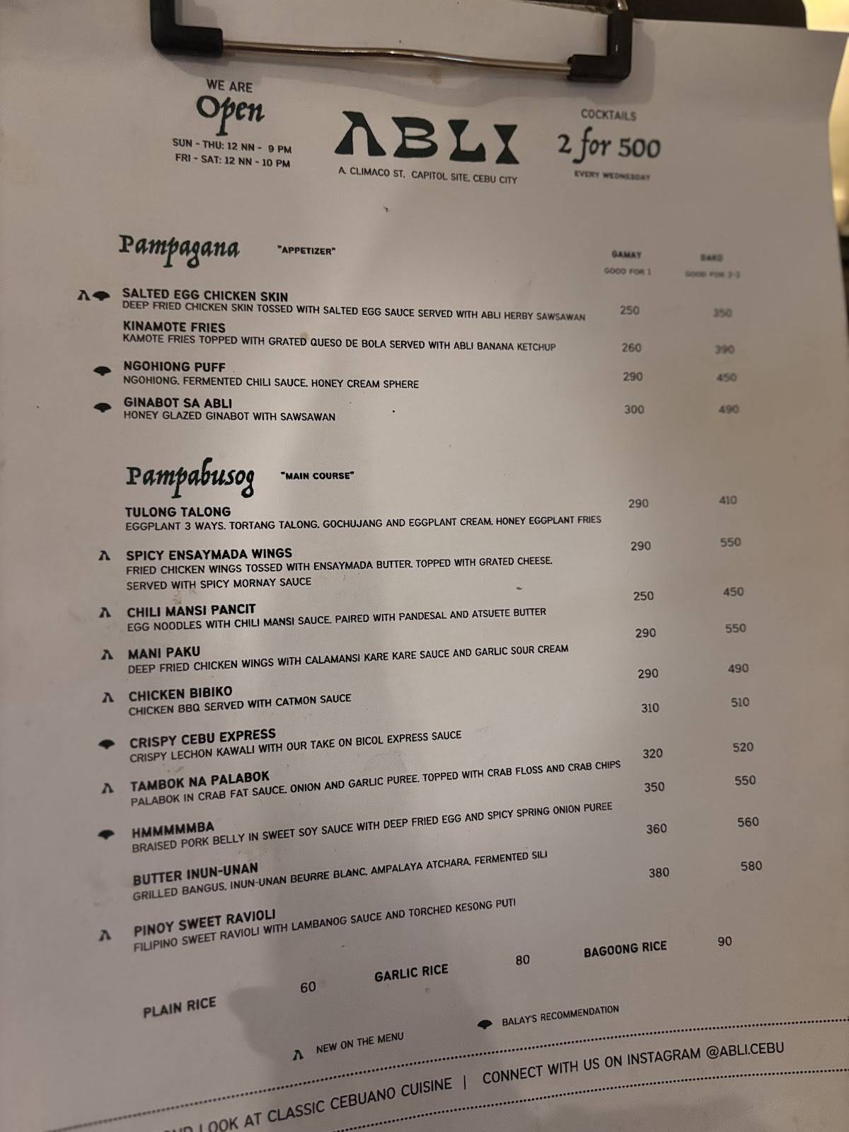 Menu at Abli Cebu restaurant, Cebu City