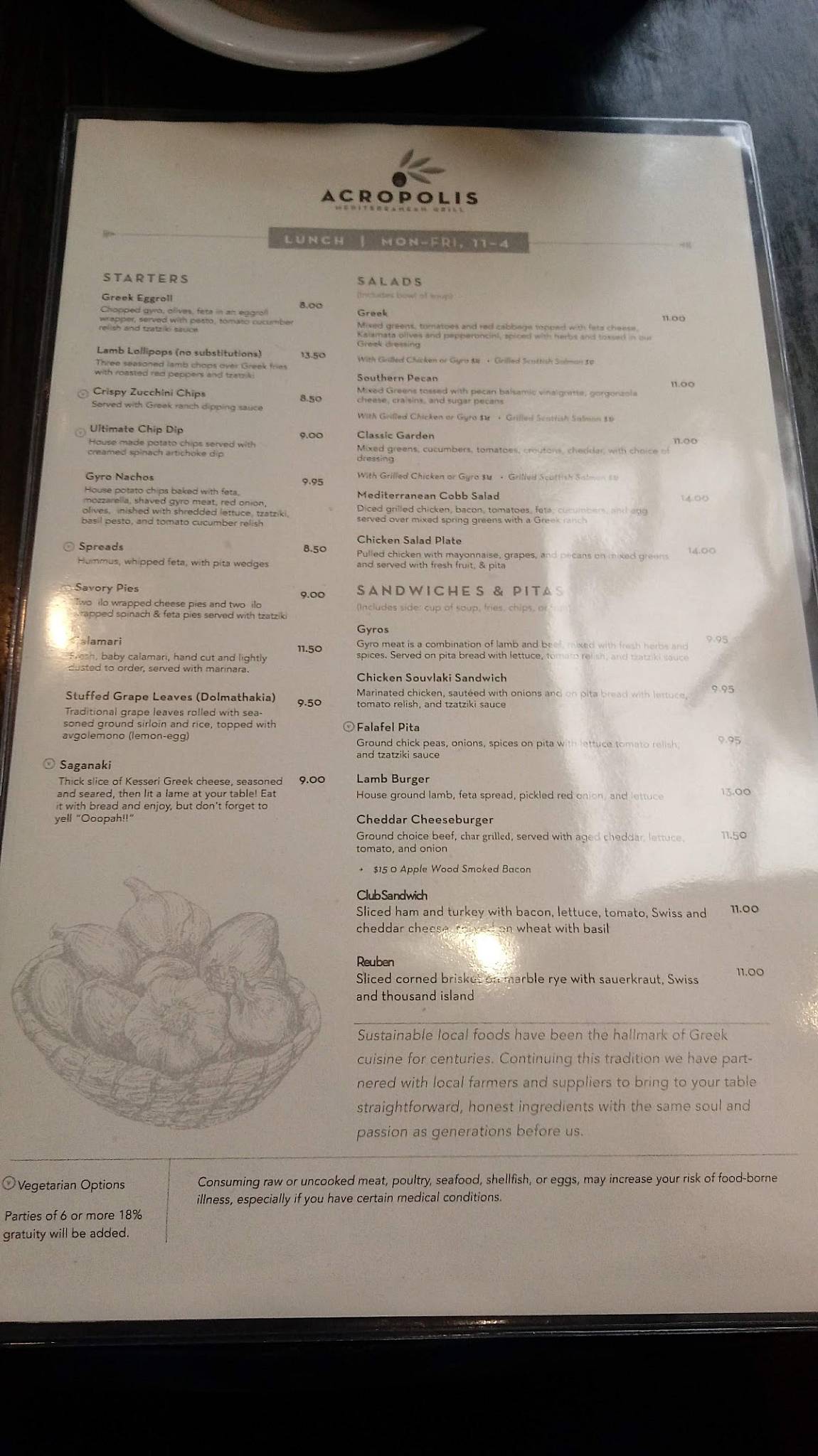Menu at Acropolis Grill restaurant, Chattanooga