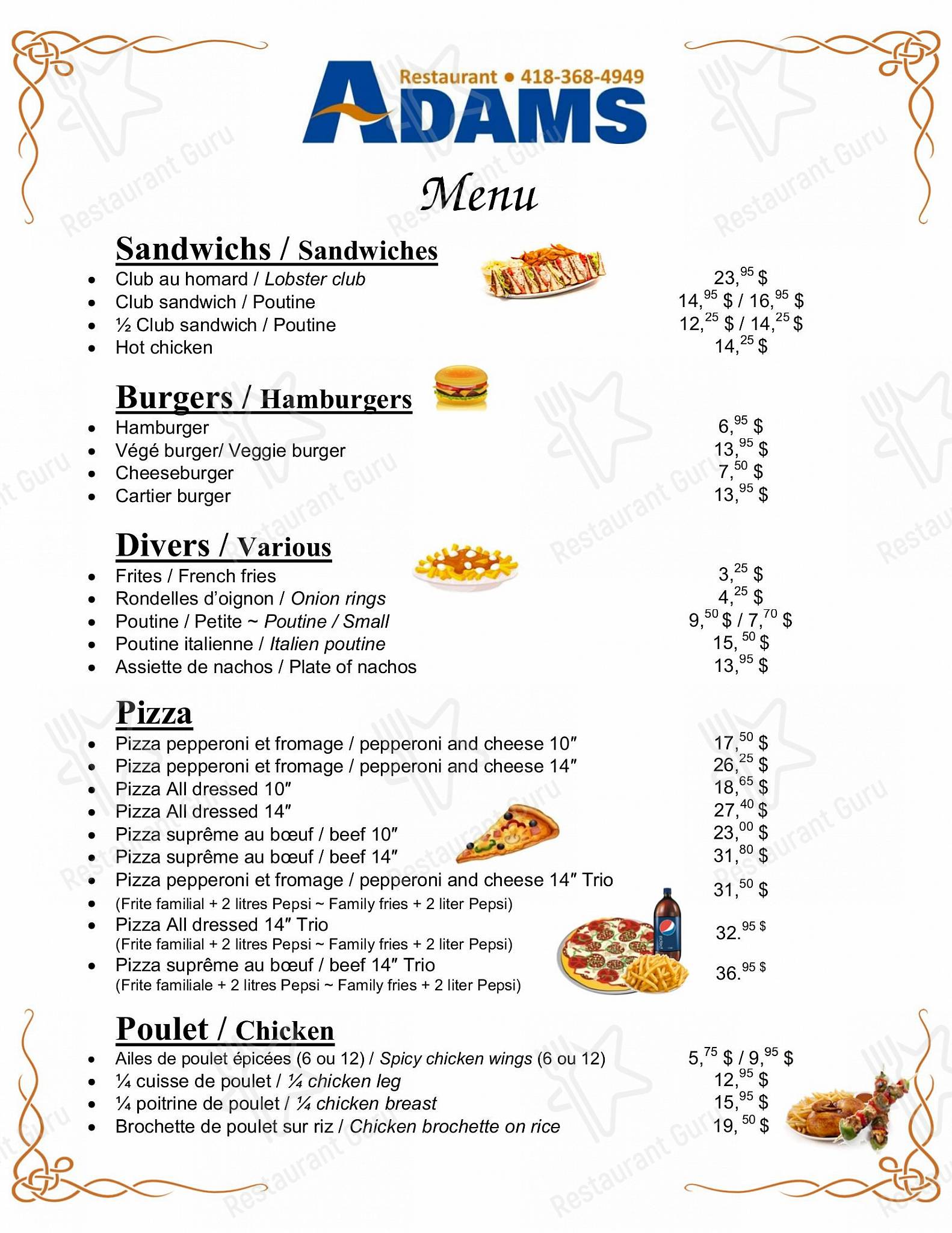 Menu au Restaurant Adams, Gaspé, 20 Rue Adams
