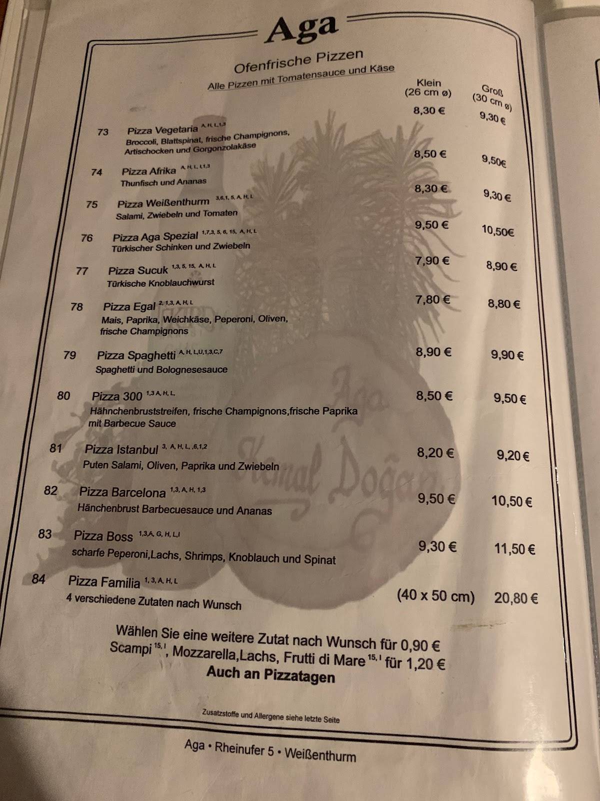 Speisekarte von Restaurant Aga, Weißenthurm