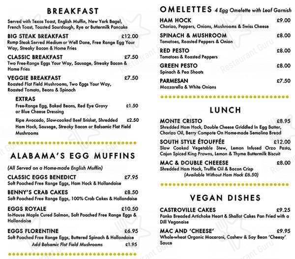 Menu at Alabama's cafe, Manchester