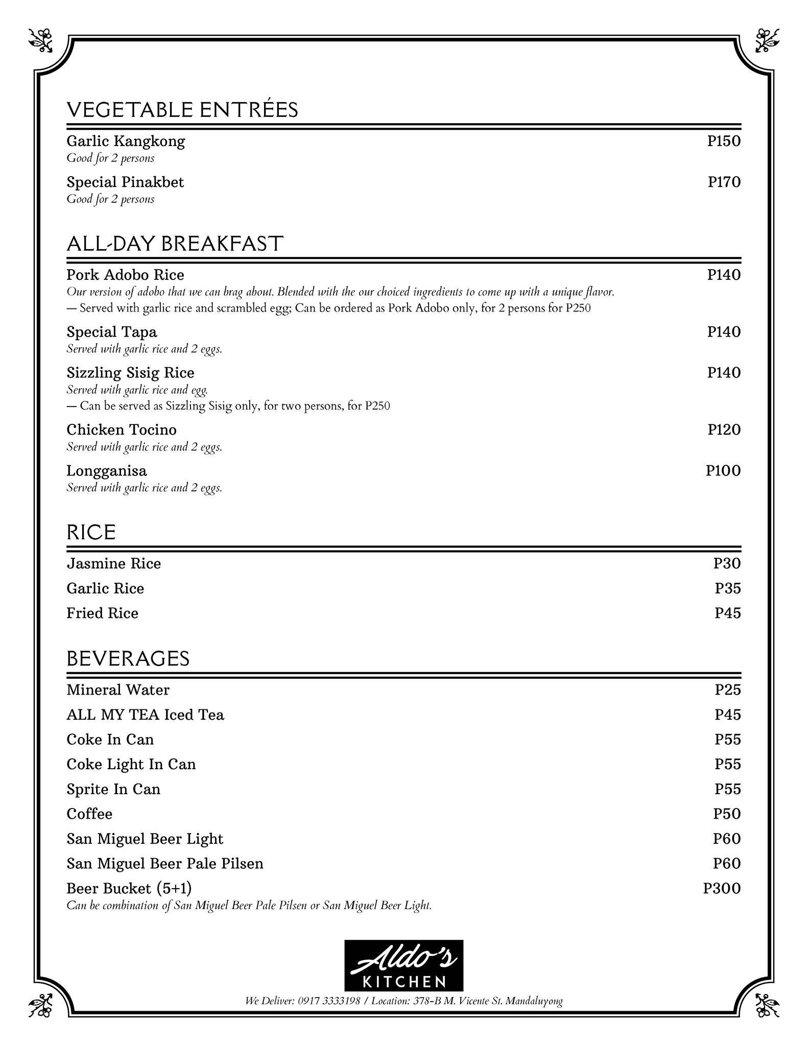 Carta del restaurante Aldo's Kitchen, Mandaluyong, 378-B M. Vicente St.