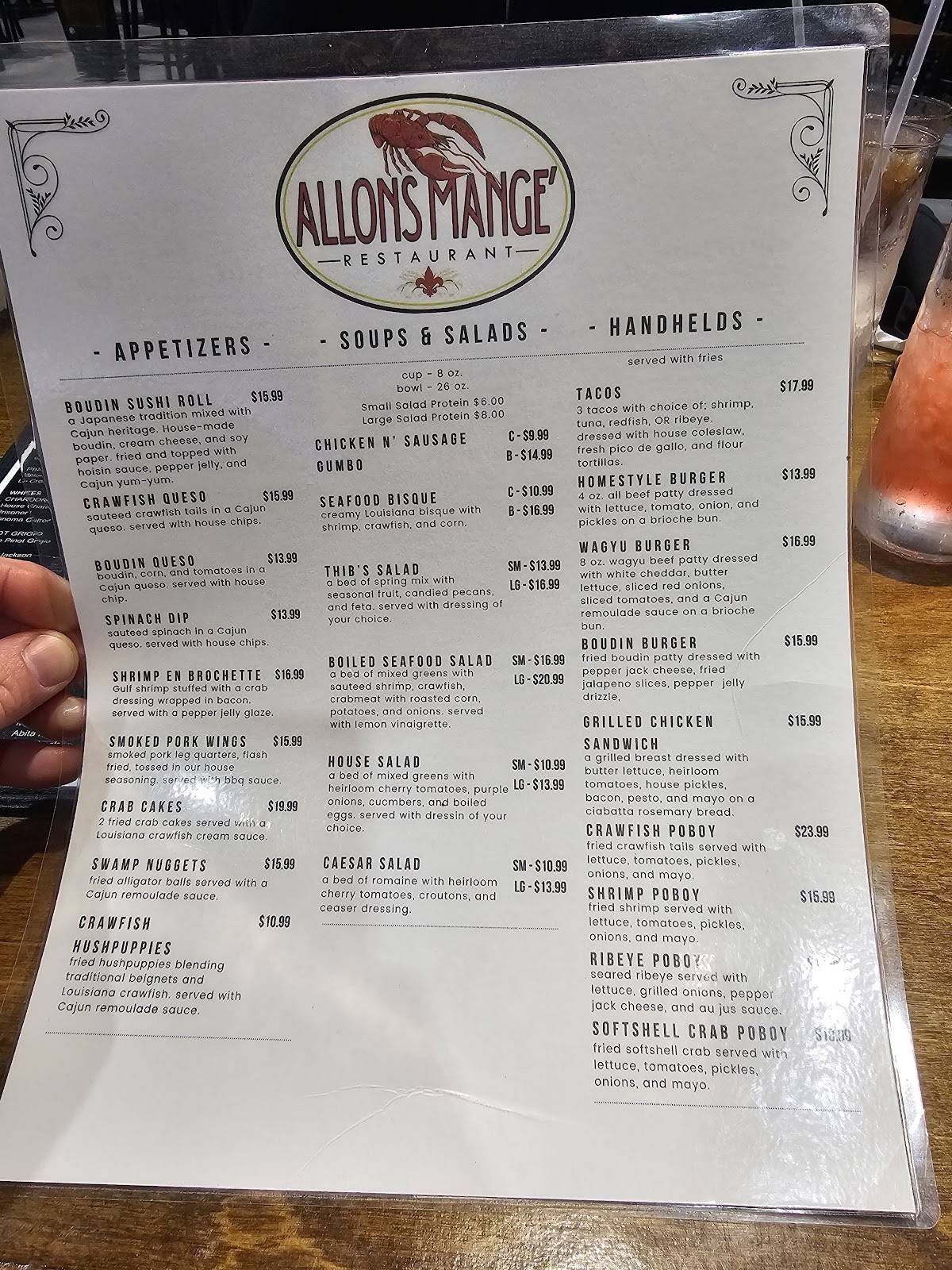 Menu at Allons Mange’ pub & bar, Crowley