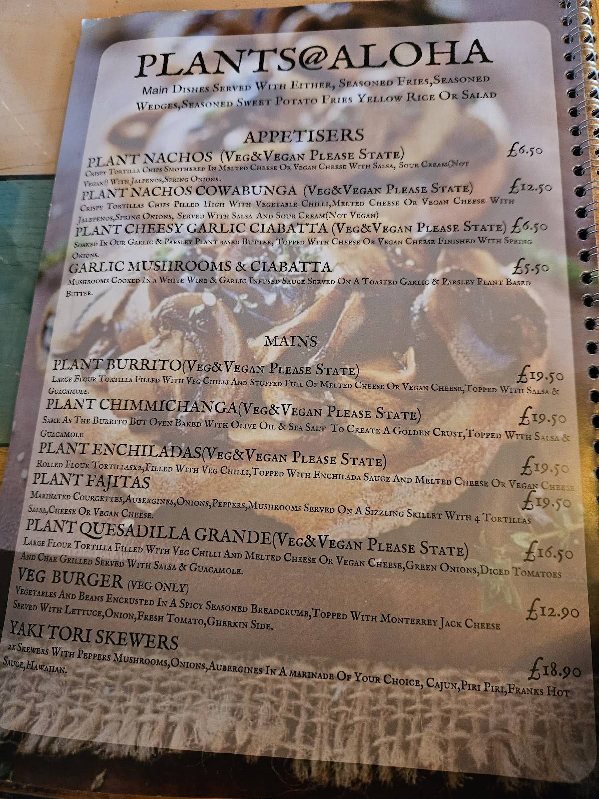Menu at Aloha Bridlington restaurant, Bridlington