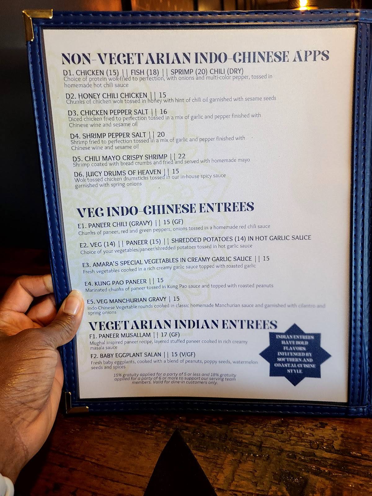 Menu at Amara Indian Cuisine & Bar, Indianapolis