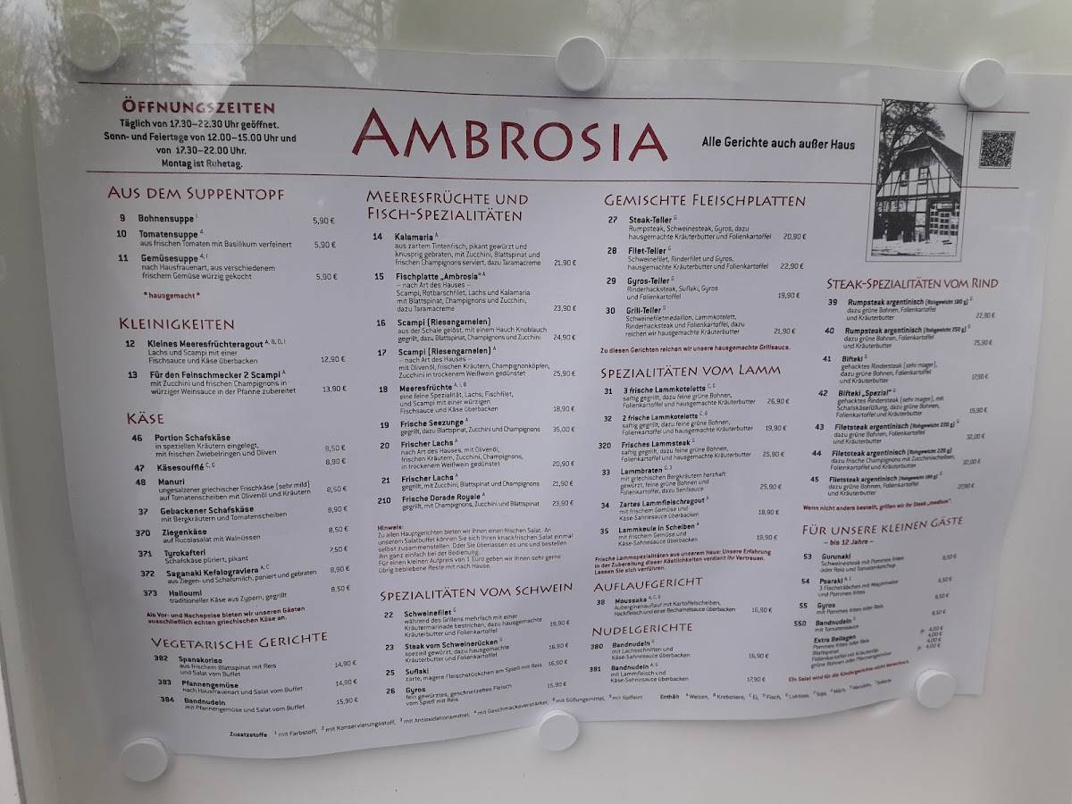 Menu at Ambrosia restaurant, Hanover