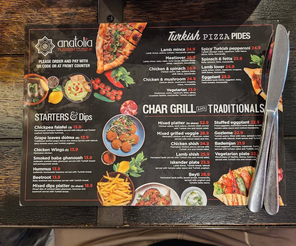 Menu at Anatolia Turkish Cuisine restaurant, Forster