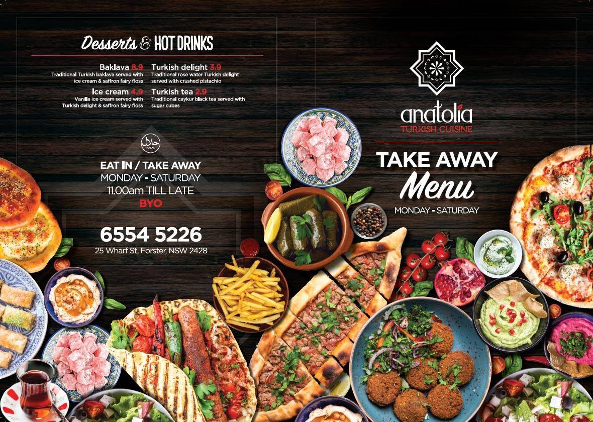 Menu at Anatolia Turkish Cuisine restaurant, Forster