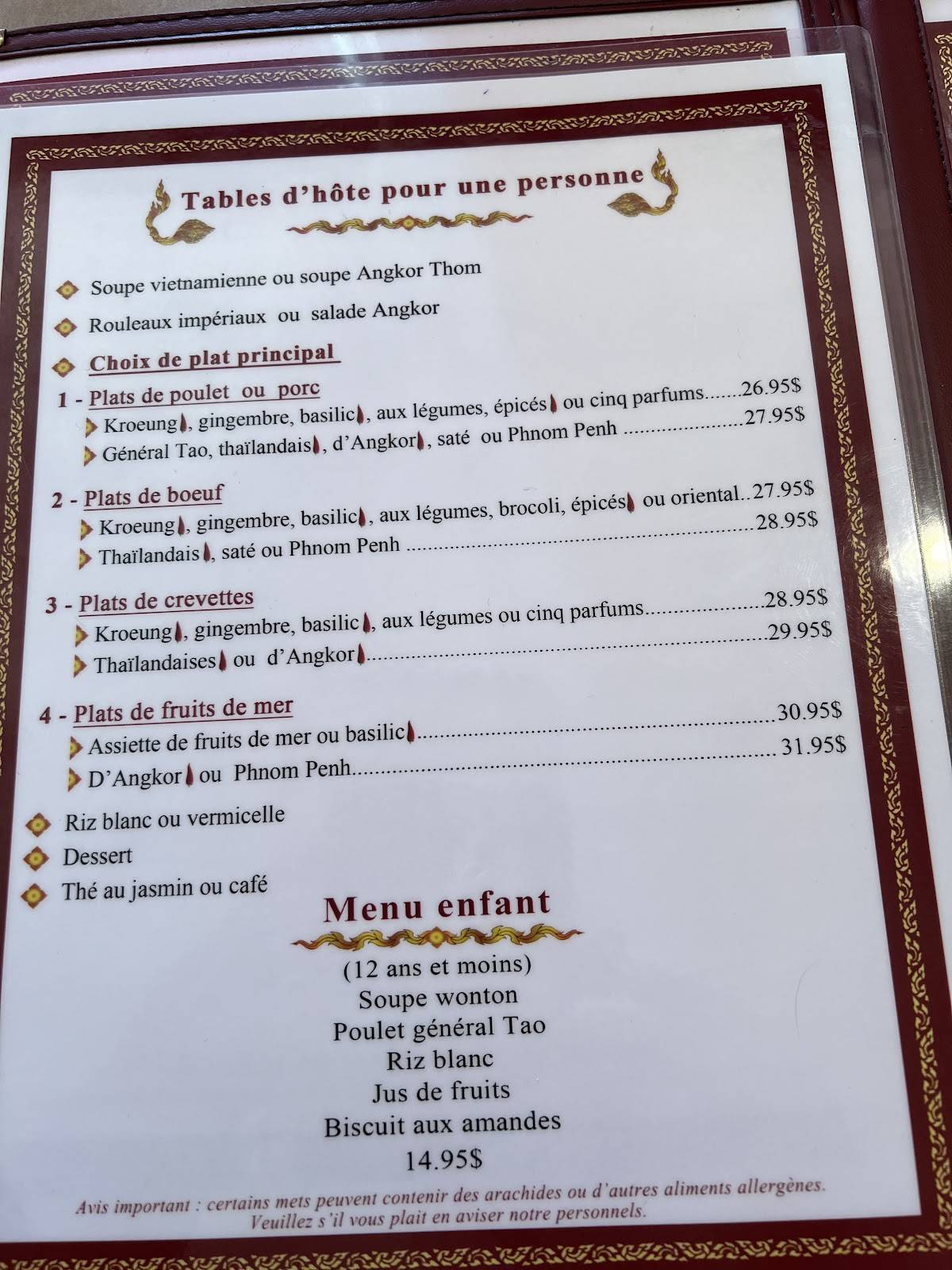 Menu au Restaurant Angkor Thom, L'Ancienne-Lorette