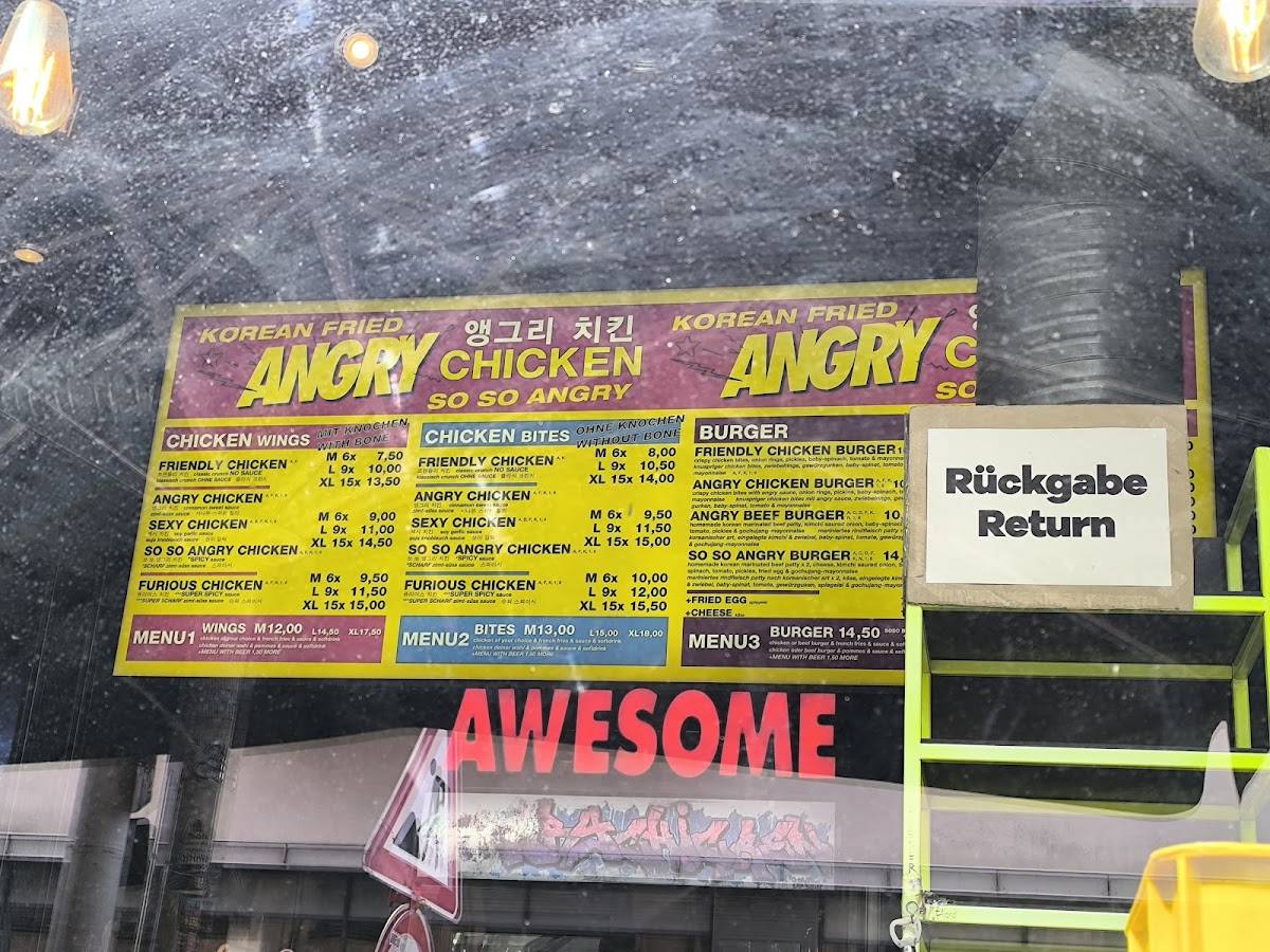 Menu at Angry Chicken restaurant, Berlin, Alexanderplatz