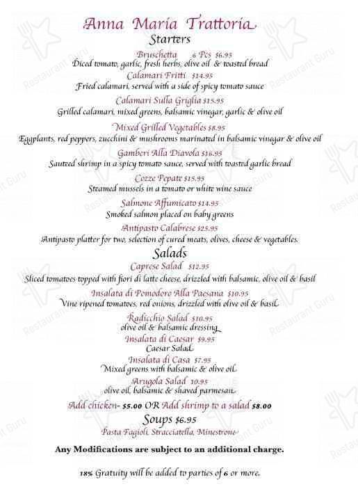 Menu at Anna Maria Trattoria restaurant, Vaughan