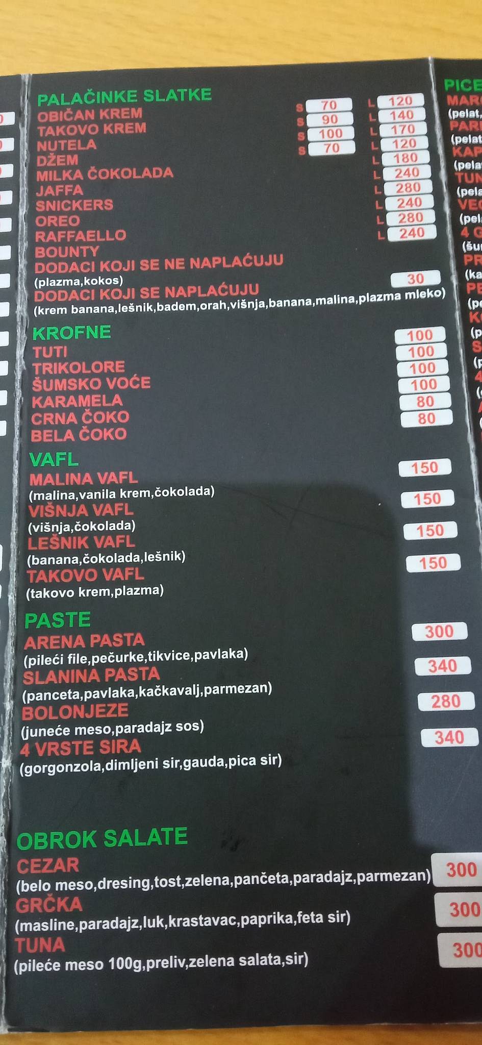 Menu at Arena-Fast Food, Kovin