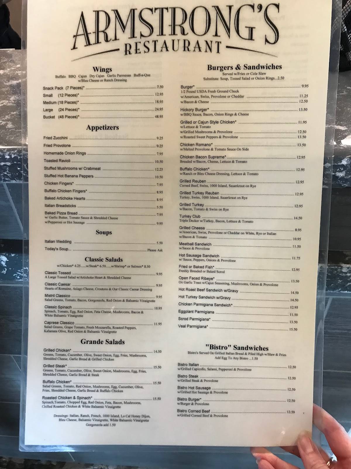 Menu at Armstrong's restaurant, Moon, Thorn Run Rd