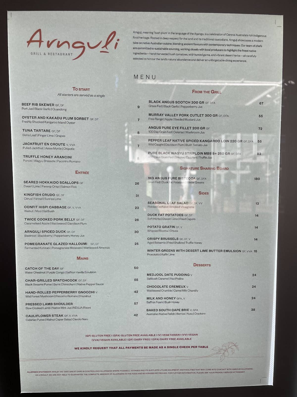 Menu at Arnguli Grill & Restaurant, Yulara