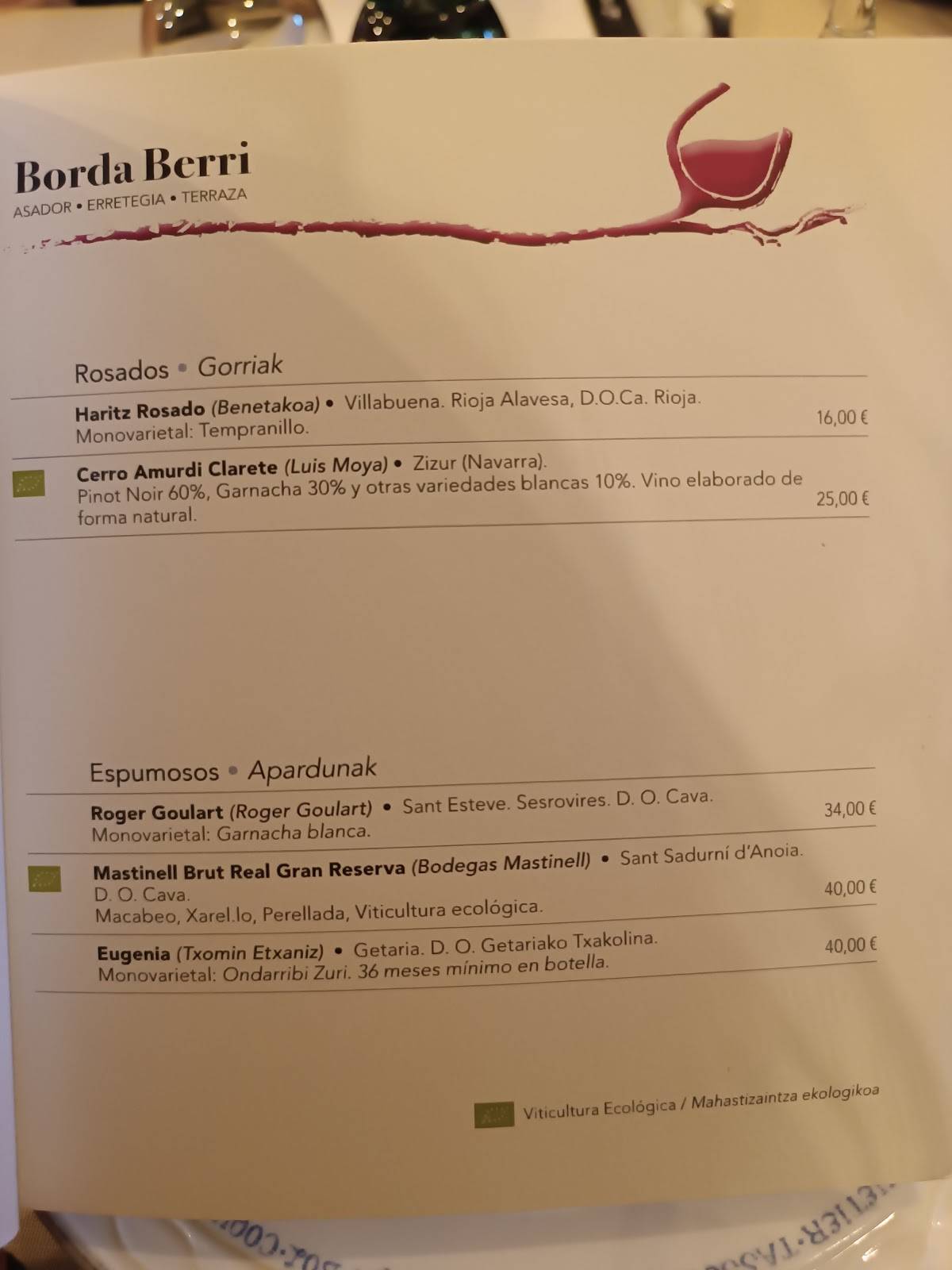 Carta del restaurante Asador "Borda Berri", Hueto Arriba