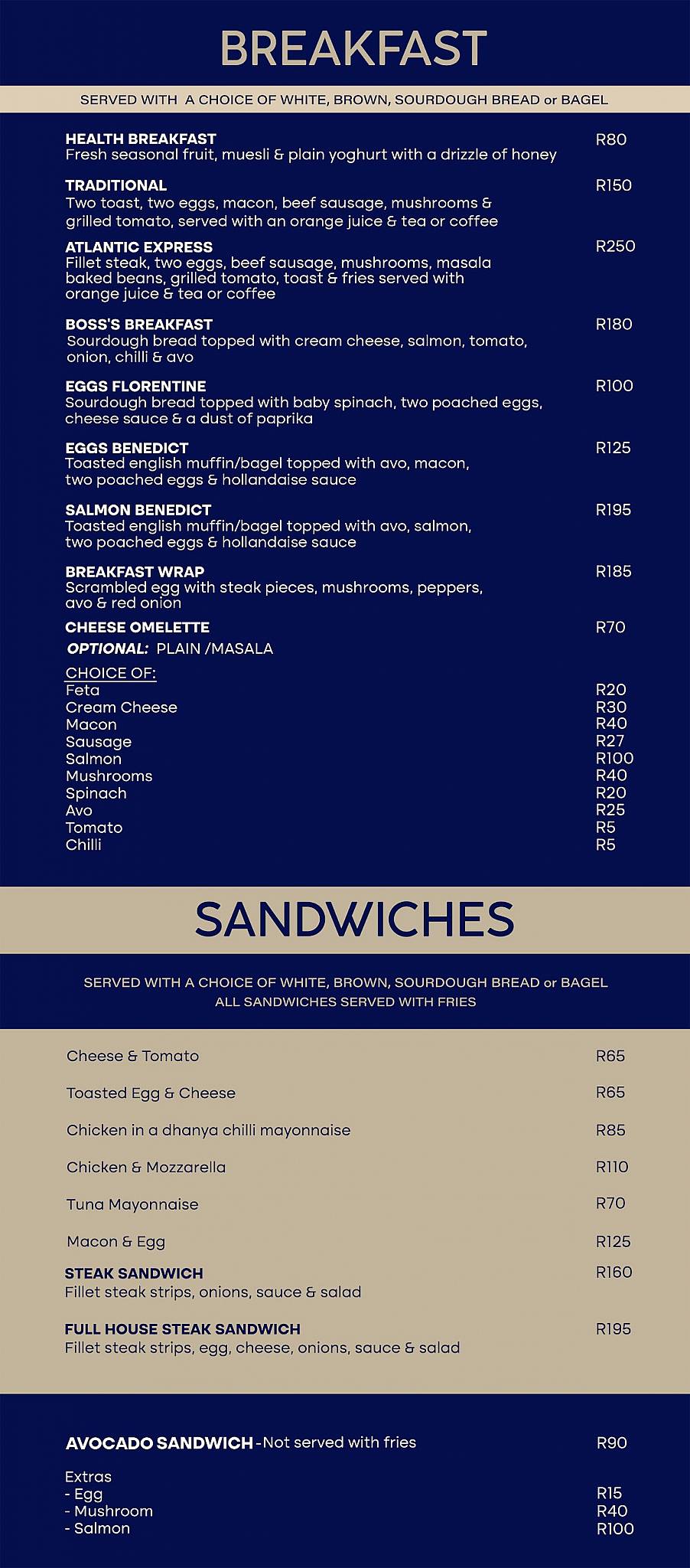 Menu at Atlantic Express Train Restaurant, Cape Town