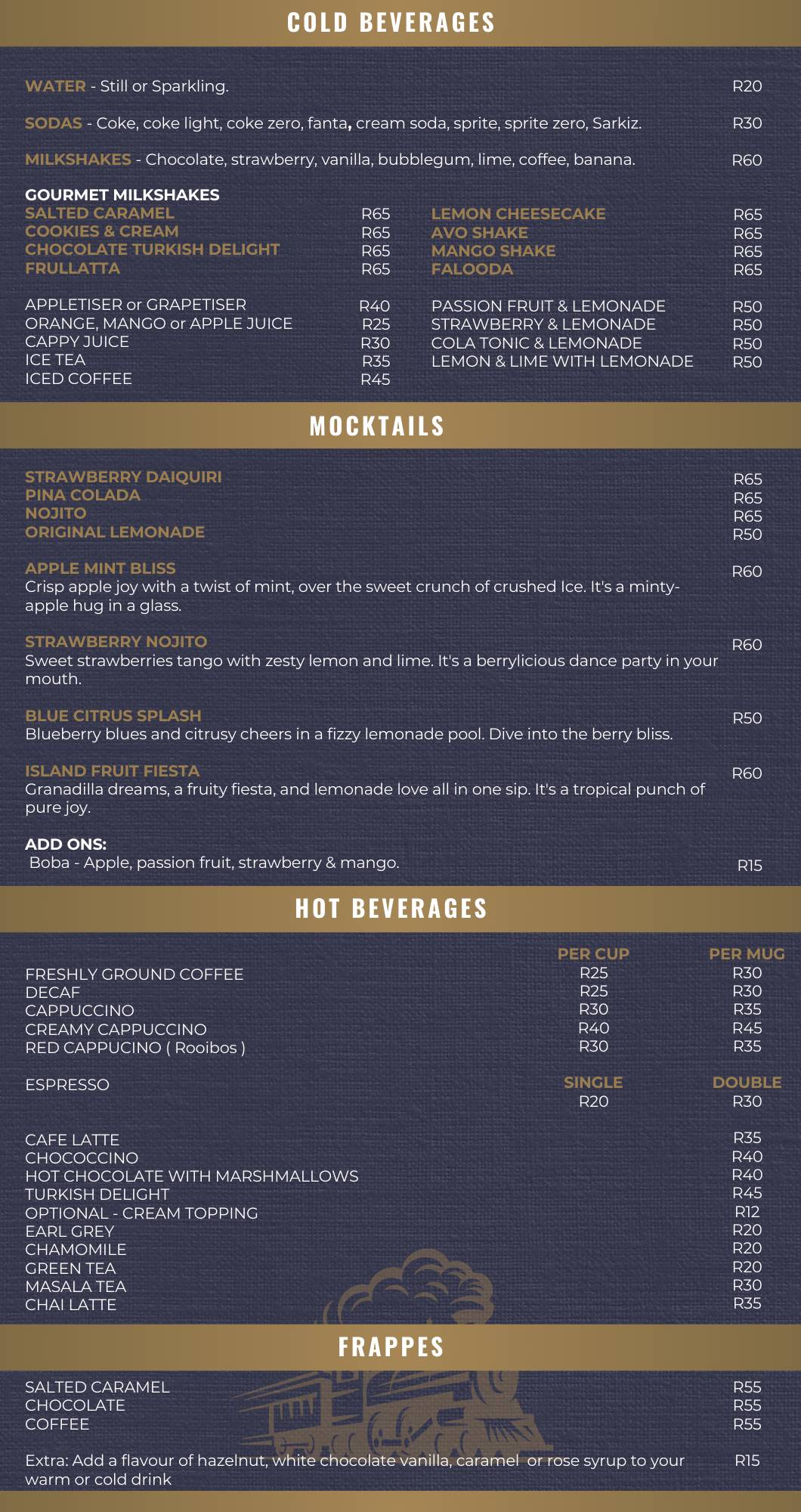 Menu at Atlantic Express Train Restaurant, Cape Town