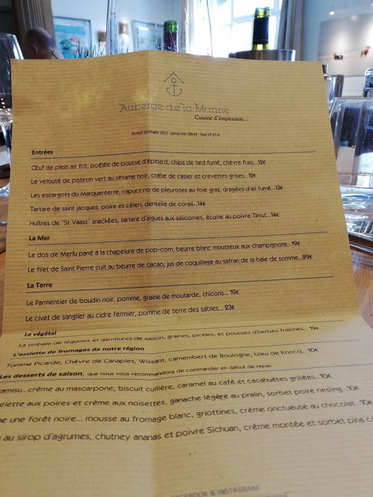 Menu au Auberge de la Marine restaurant, Le Crotoy