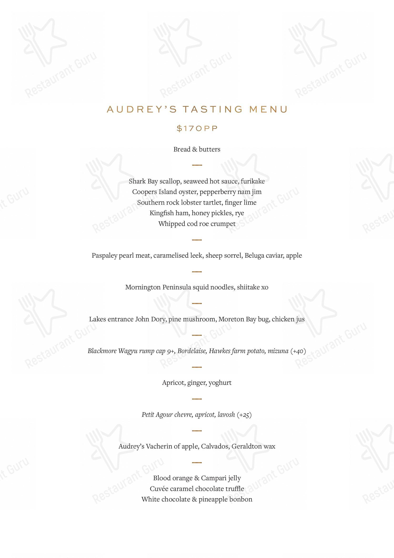 Menu at Audrey's restaurant, London