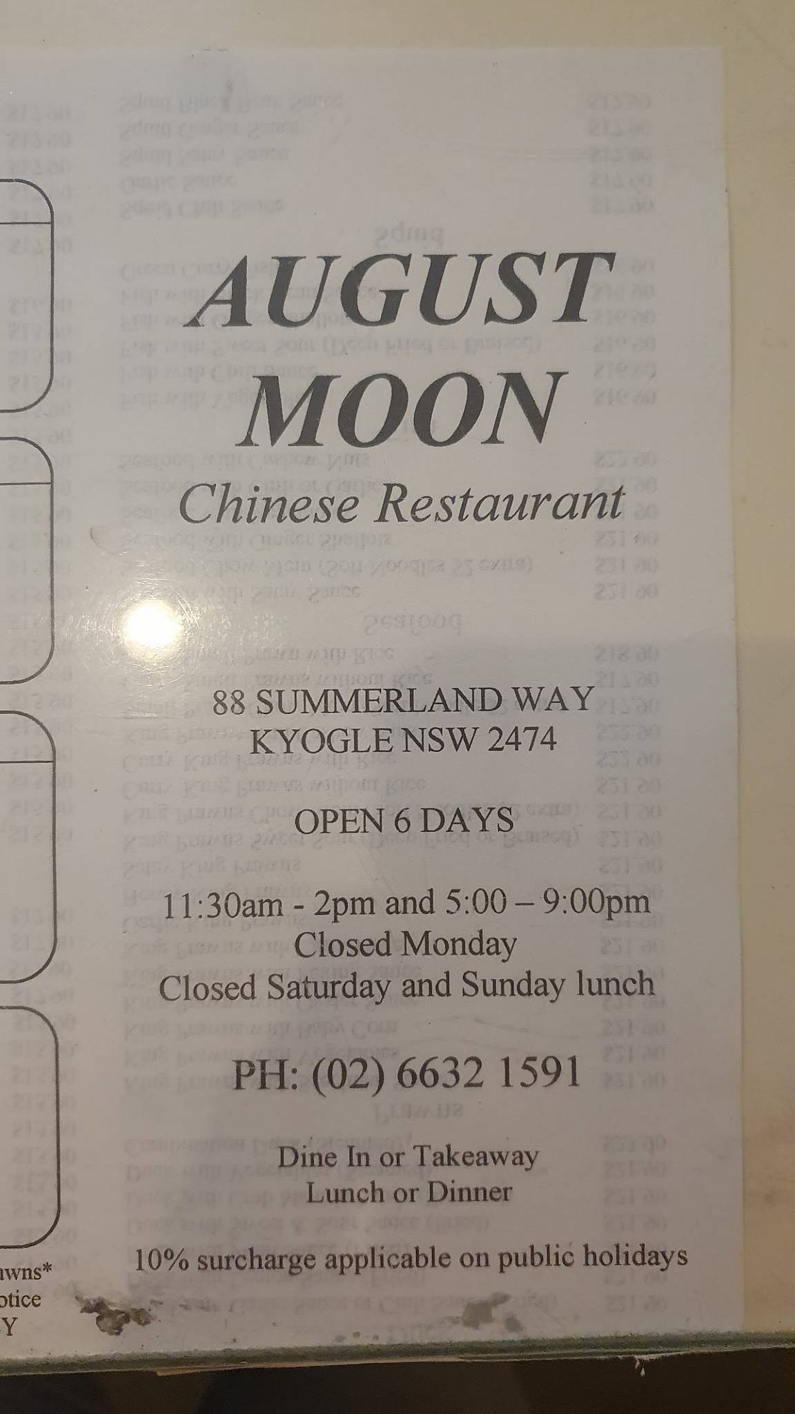 Menu at August Moon Chinese Restaurant Kyogle, Kyogle