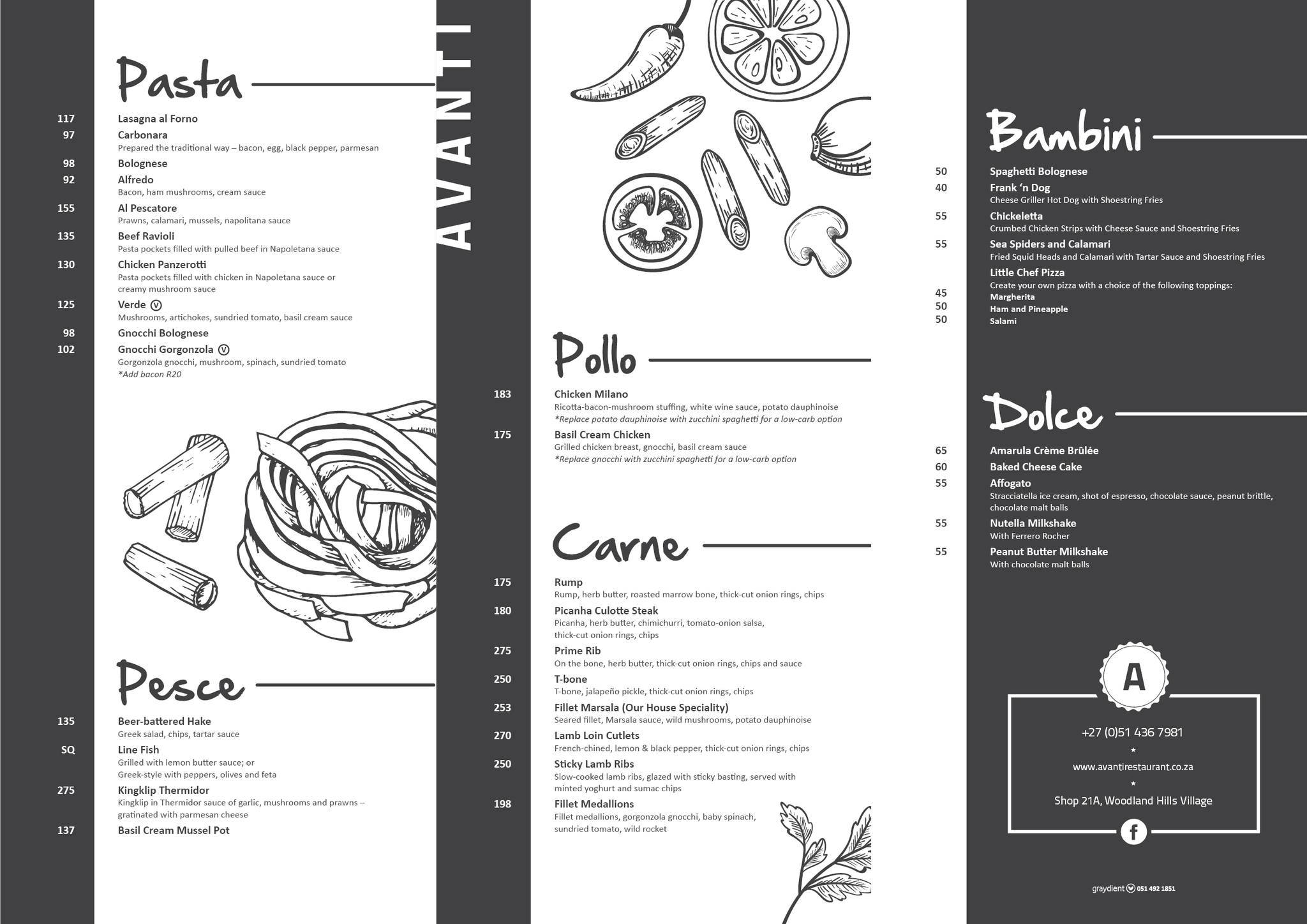 Menu at Avanti Restaurant, Bloemfontein, Woodlands Boulevard