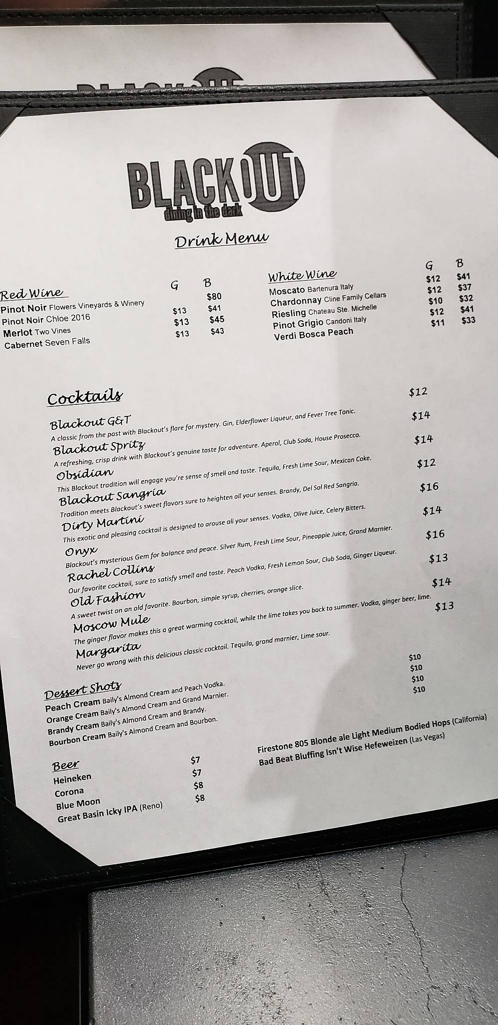 Menu at BLACKOUT Dining in the Dark restaurant, Las Vegas