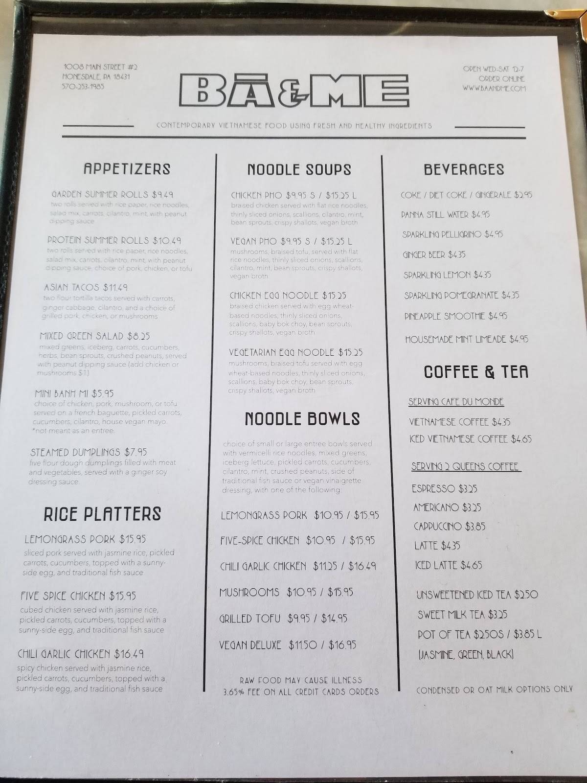 Menu at Bà & Me restaurant, Honesdale, Main St