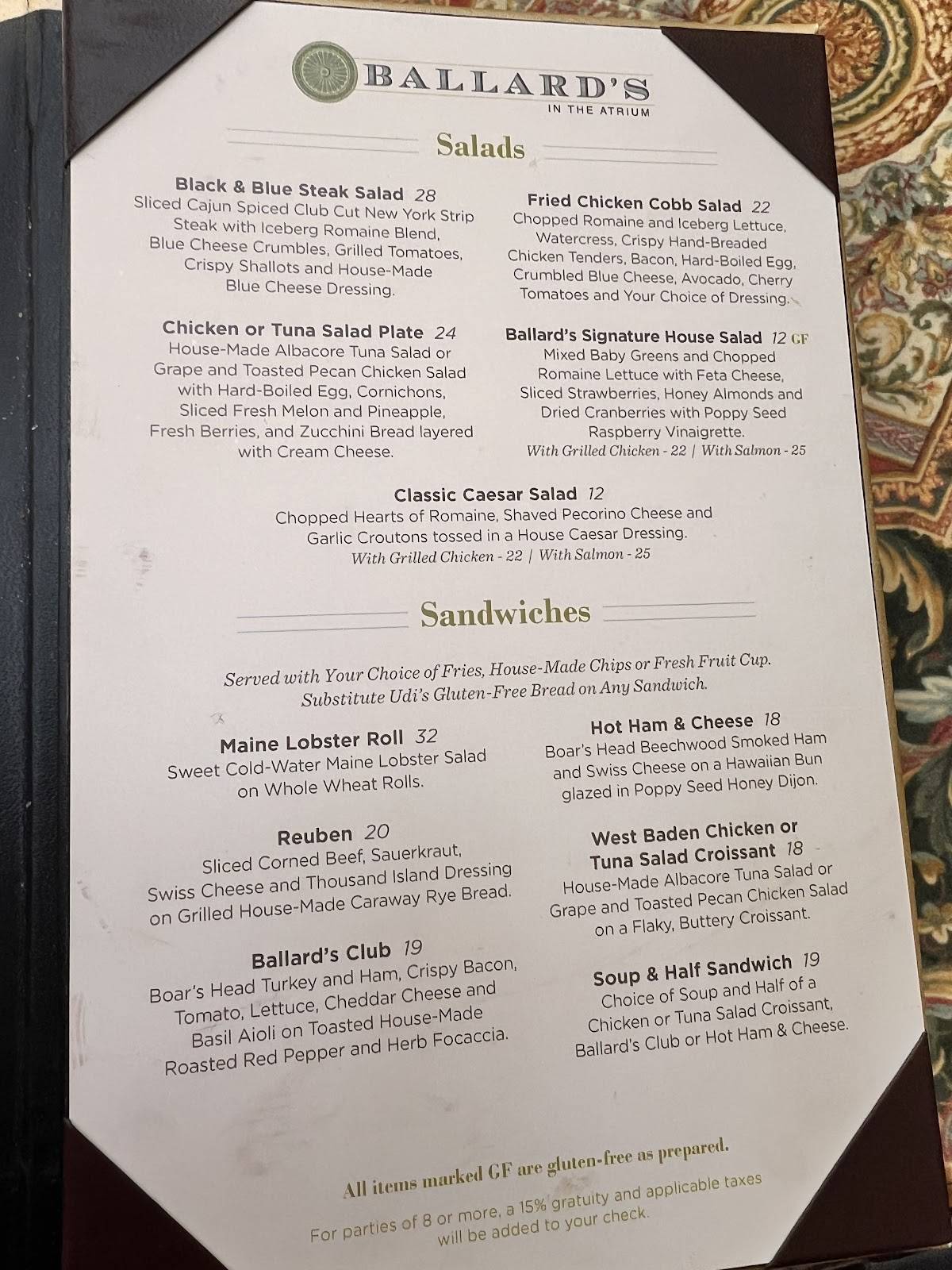 Menu at Ballard's in the Atrium restaurant, West Baden Springs, W Baden Ave