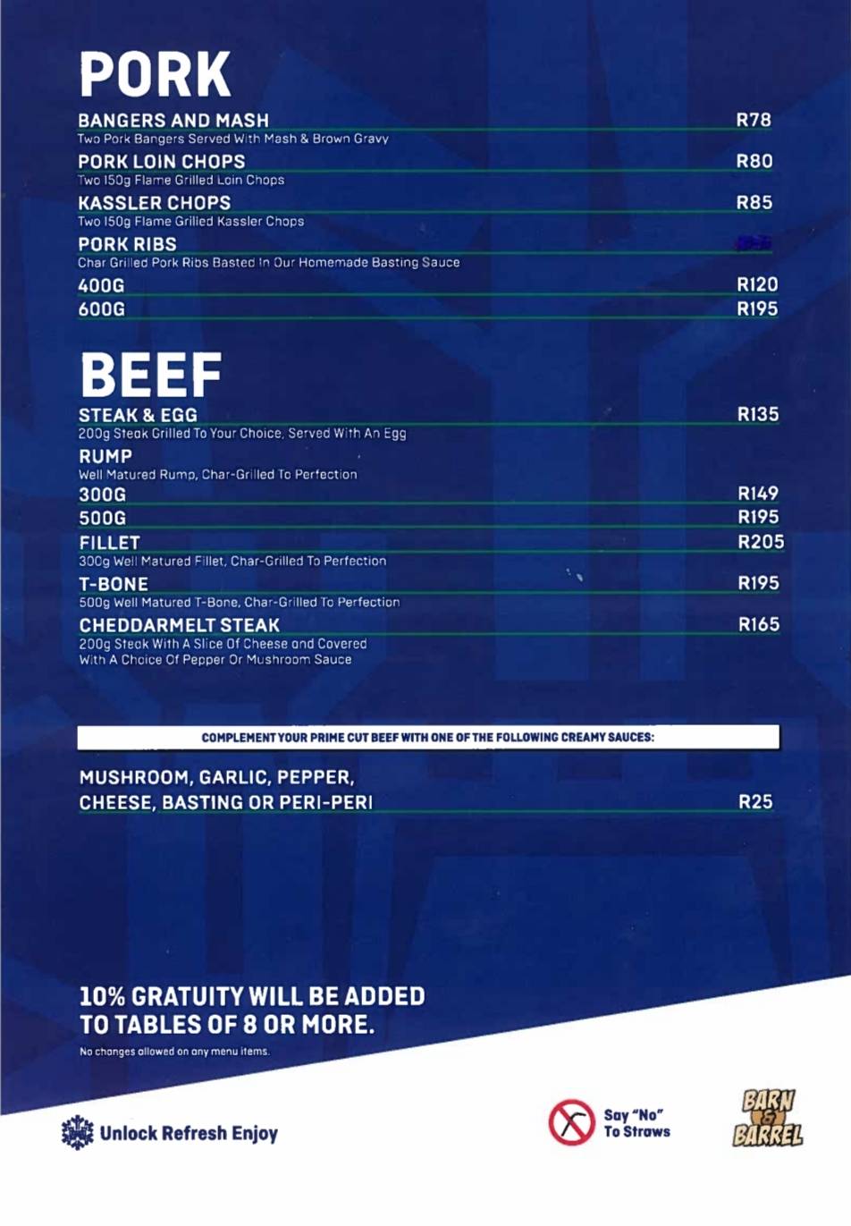 Menu at Barn & Barrel, Port Elizabeth, Kings Court Centre