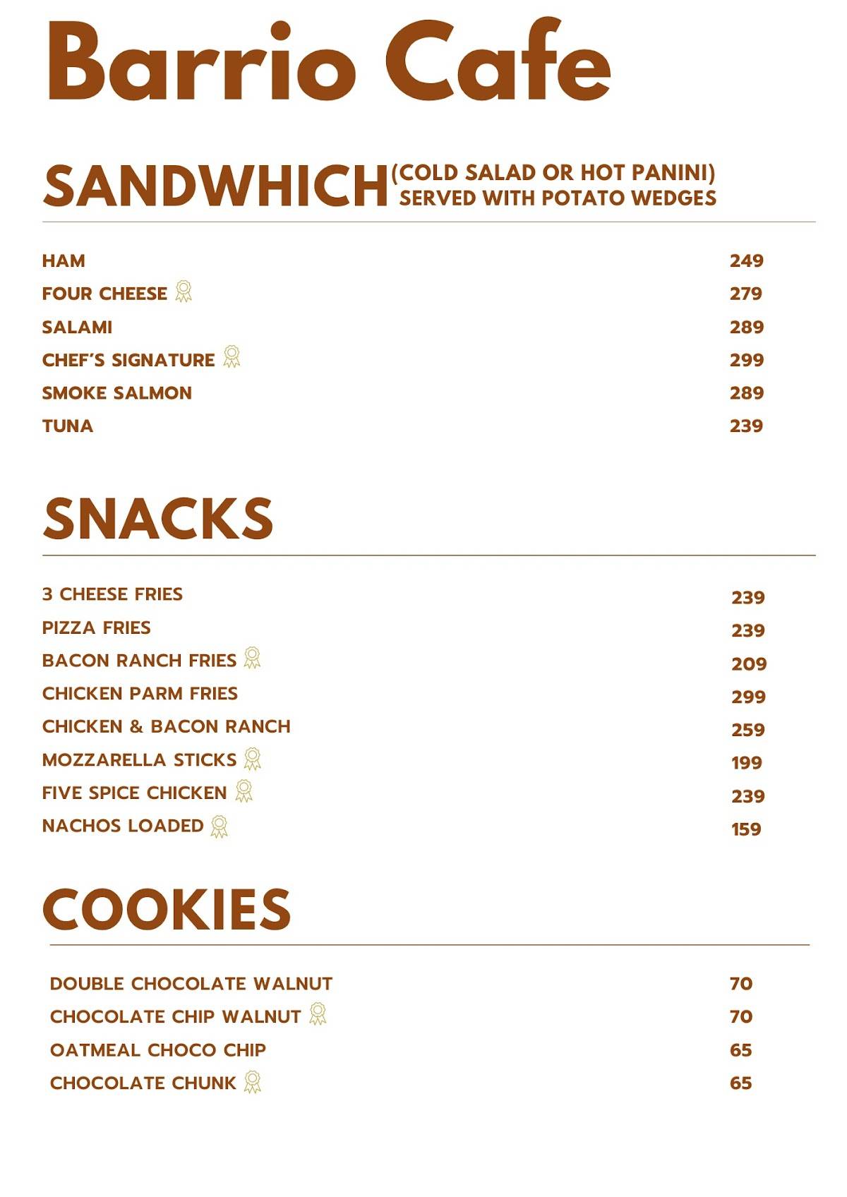 Carta de Barrio Café Calamba, Calamba