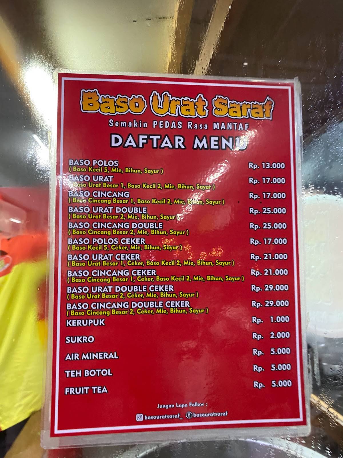 Menu at Baso Urat Saraf Indrayasa restaurant, Bandung