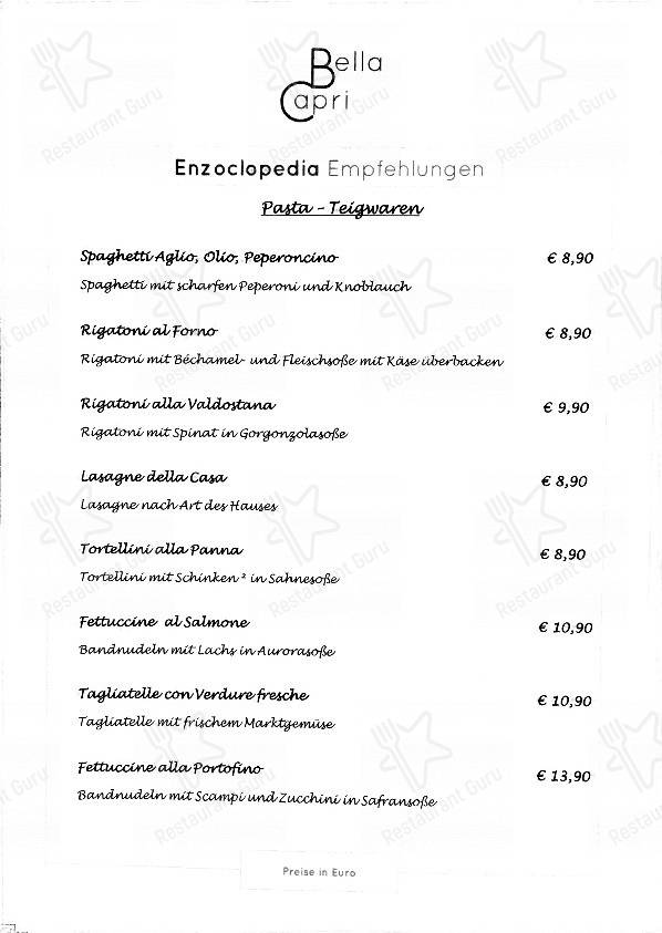 Speisekarte von Ristorante Bella Capri restaurant, Lorsch