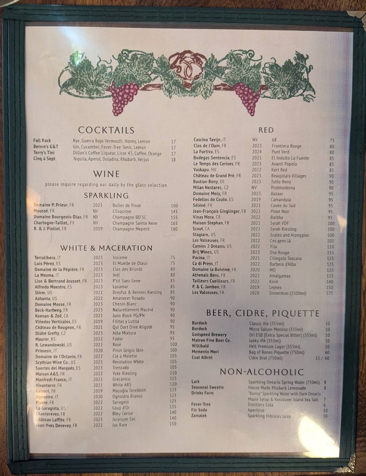 Menu at Bernhardt's restaurant, Toronto