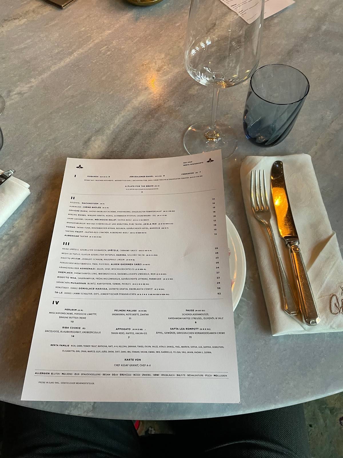 Speisekarte von Berta restaurant, Berlin, Stresemannstraße 99