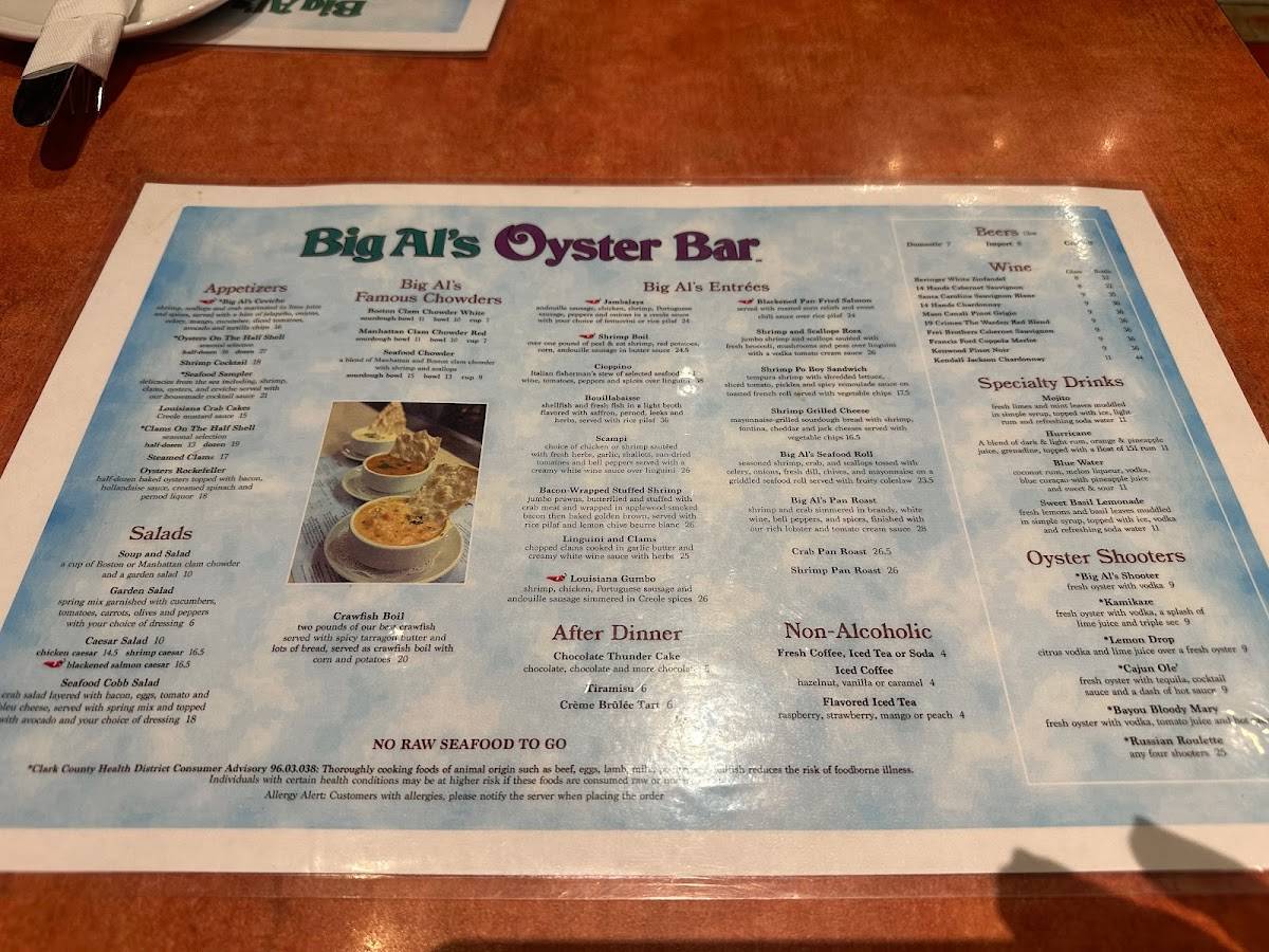 Menu at Big Al's Oyster Bar, Las Vegas, W Tropicana Ave