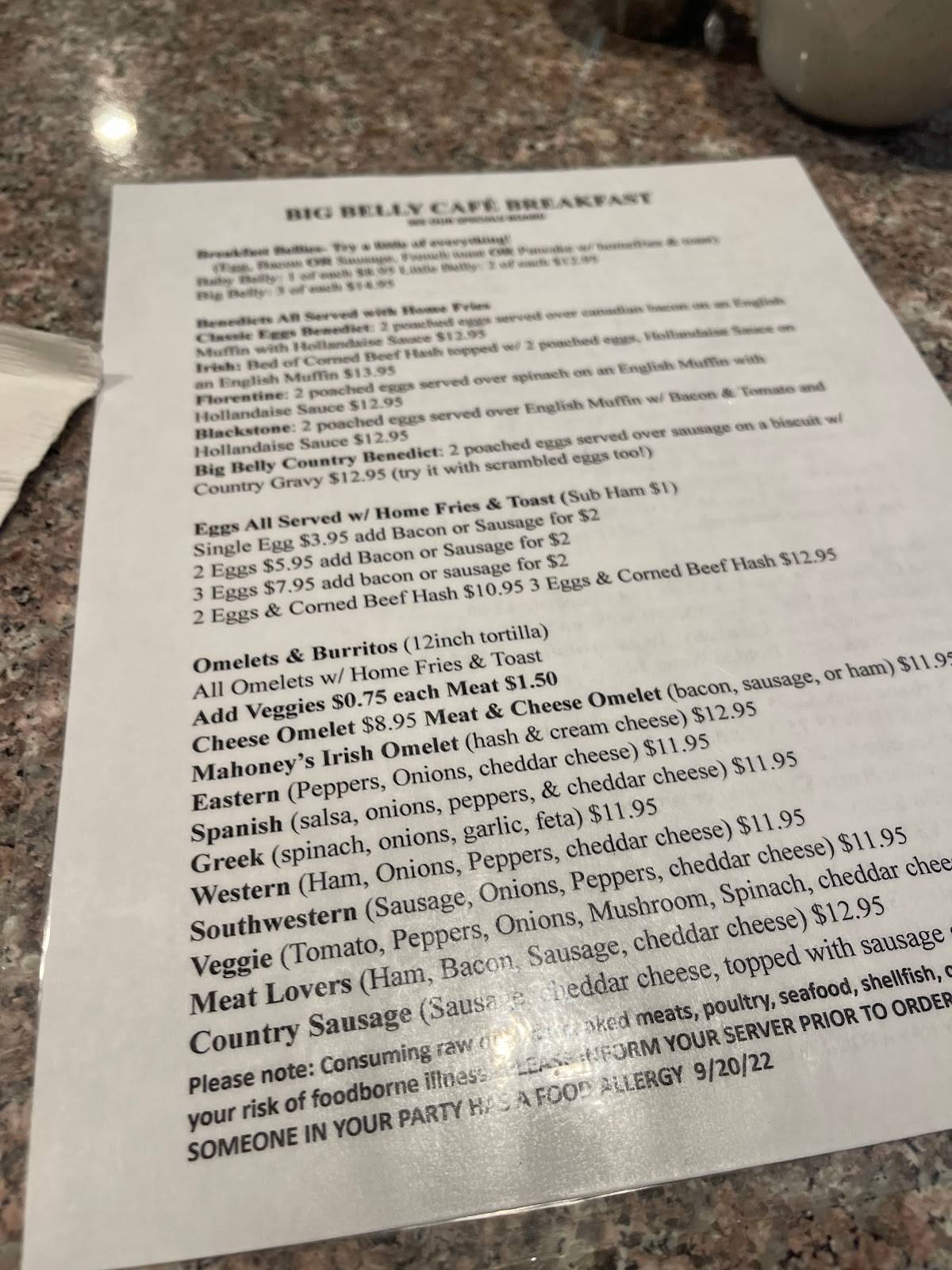 Menu at Big Belly Cafe, Webster