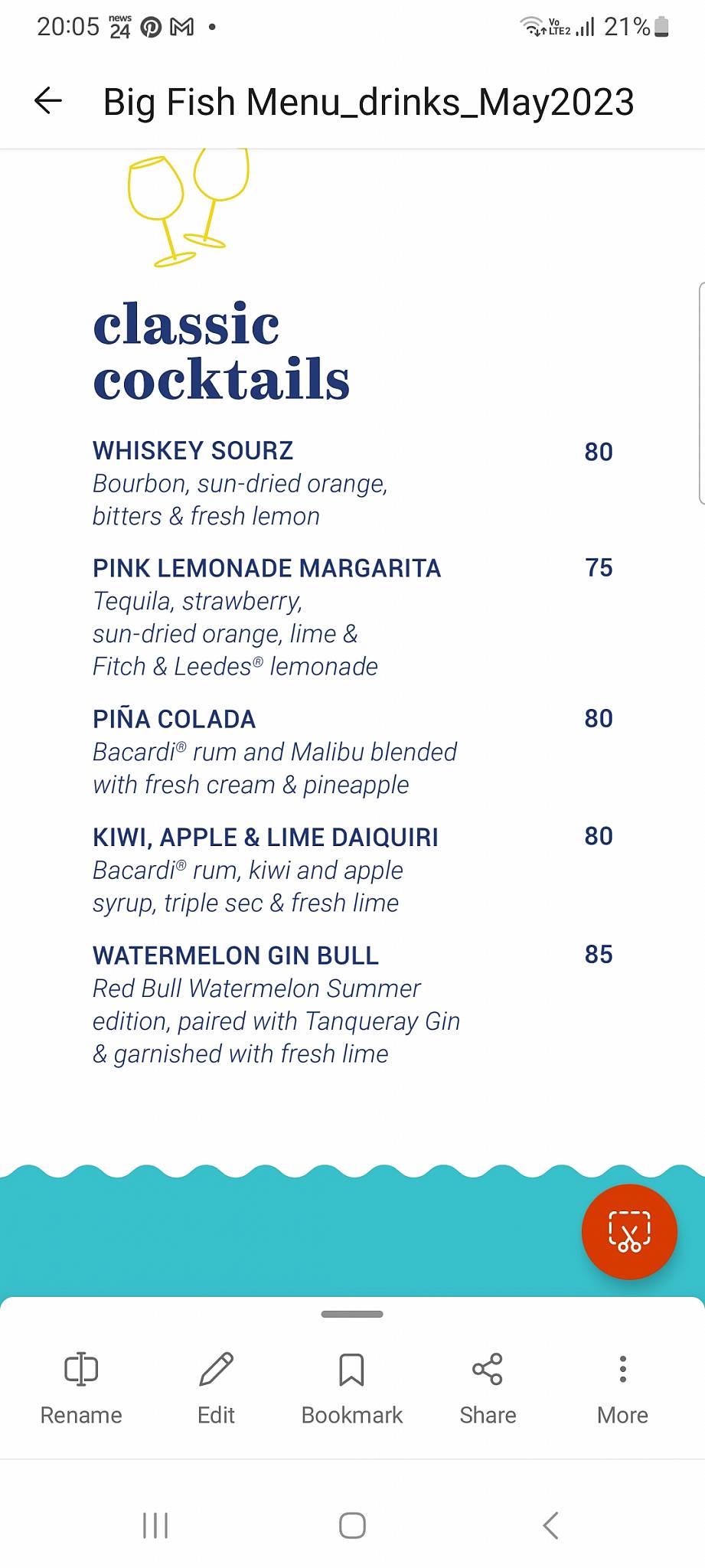 Menu at Big Fish restaurant, Umhlanga