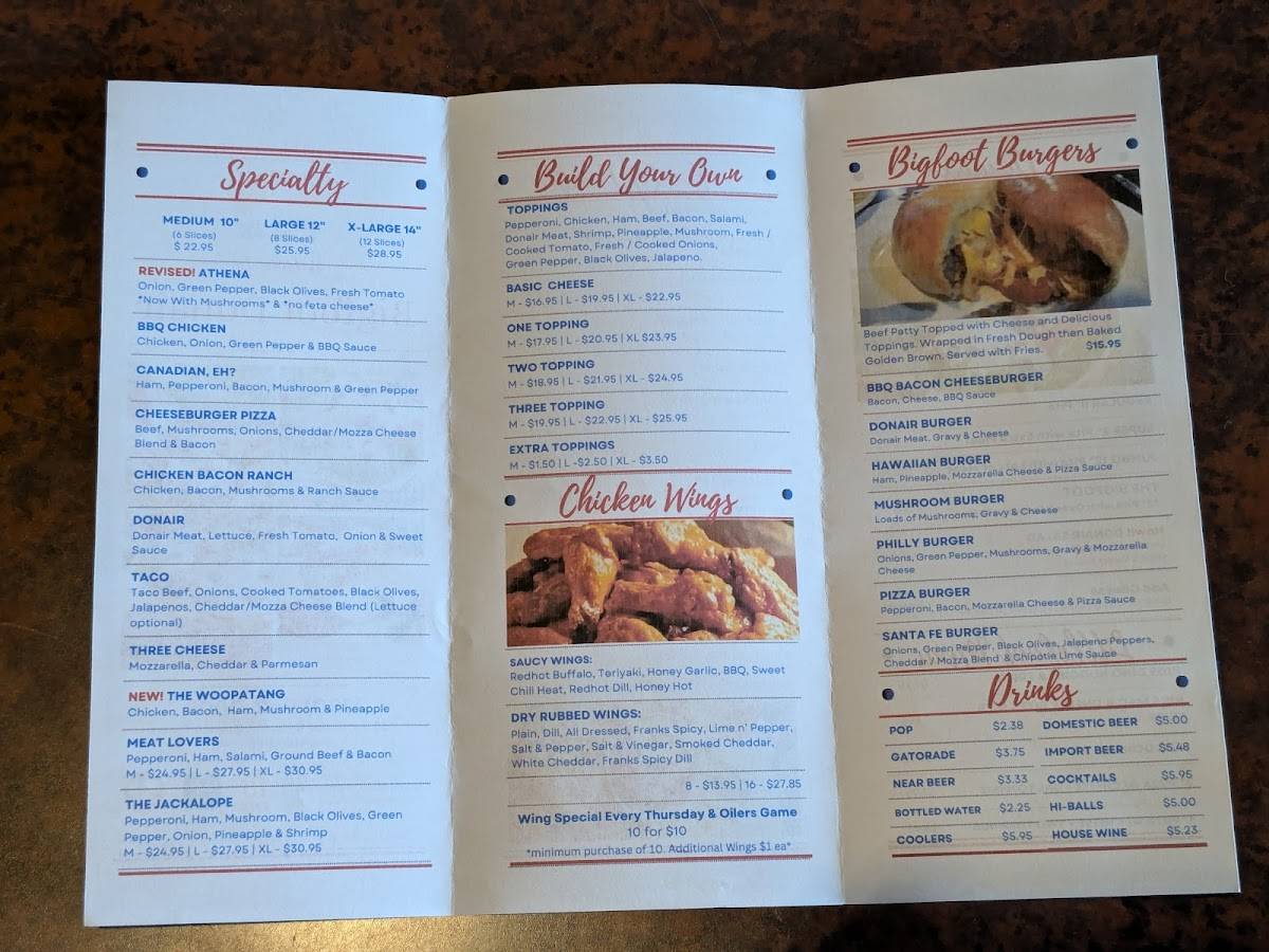 Menu at Bigfoot Donair & Horn pub, Spruce Grove