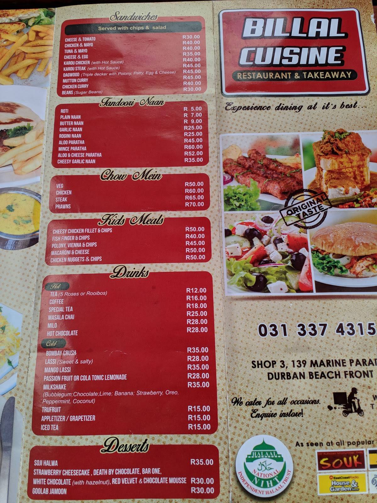 Menu at Billal Cuisine North Beach Branch restaurant, Durban