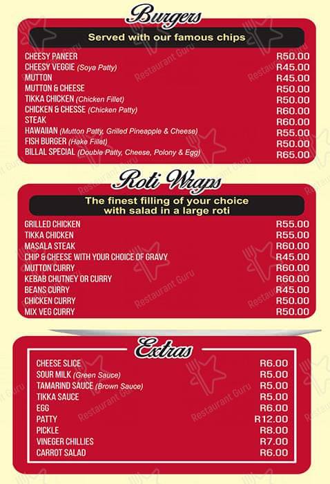 Menu at Billal Cuisine North Beach Branch restaurant, Durban