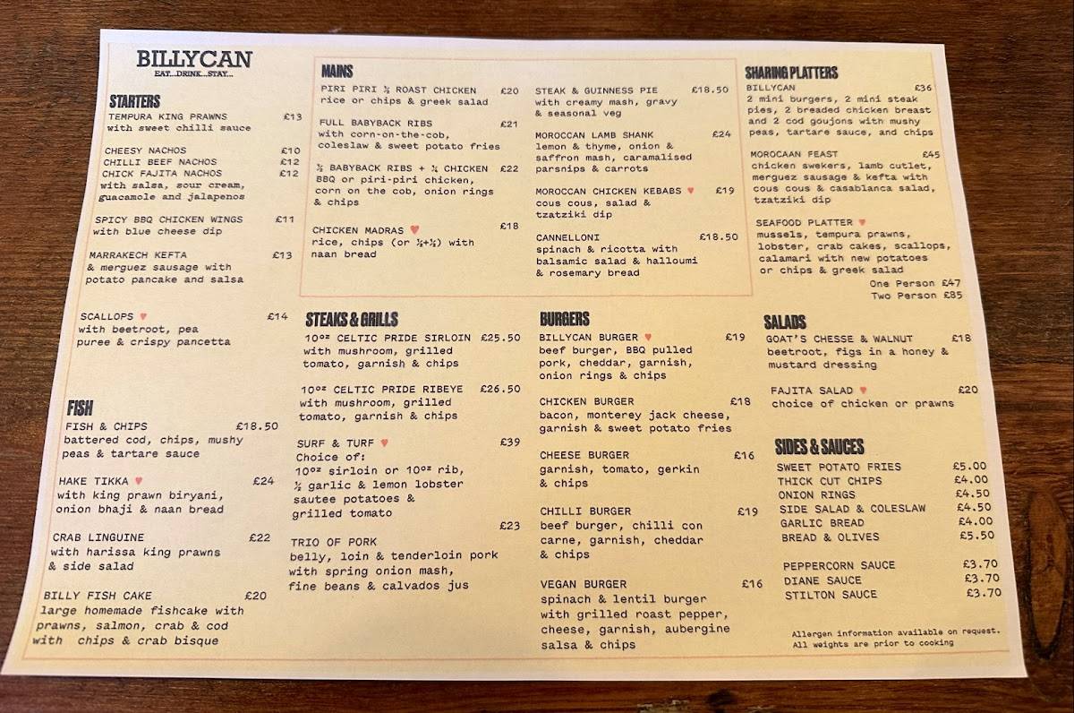 Menu at Billycan restaurant, Tenby