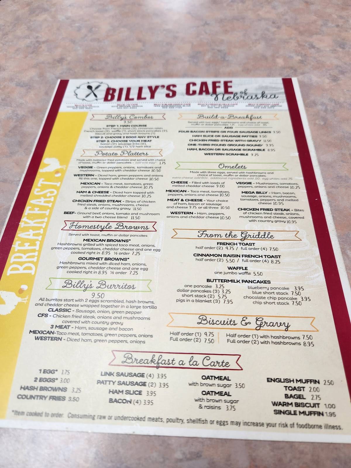 Menu at Billy's Cafe, Omaha, Blondo St